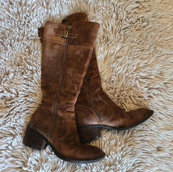Born | Shoes | Born Brown Heeled Boots With Stacked Heel And Buckle ...